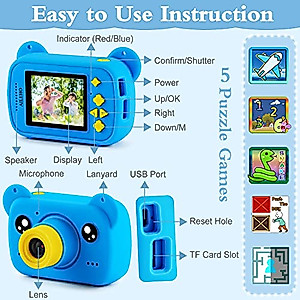 AILEHO Kids Camera for Boys Bear Cartoon Blue Child Video Camera Christmas Toy Birthday Gifts for 3-8 Year Old Starter Toddler Camera 8M 1080P with 32G Card LCD Screen 2.0"