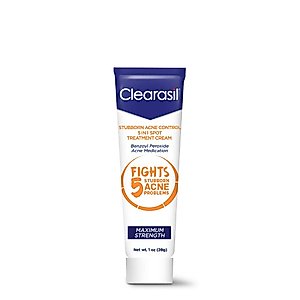 Clearasil Stubborn Acne Control 5 in 1 Spot Treatment Cream, Maximum Strength, Benzoyl Peroxide Acne Medication, Fights Blocked Pores, Pimple Size, Excess Oil, Acne Marks & Blackheads, 1 oz.