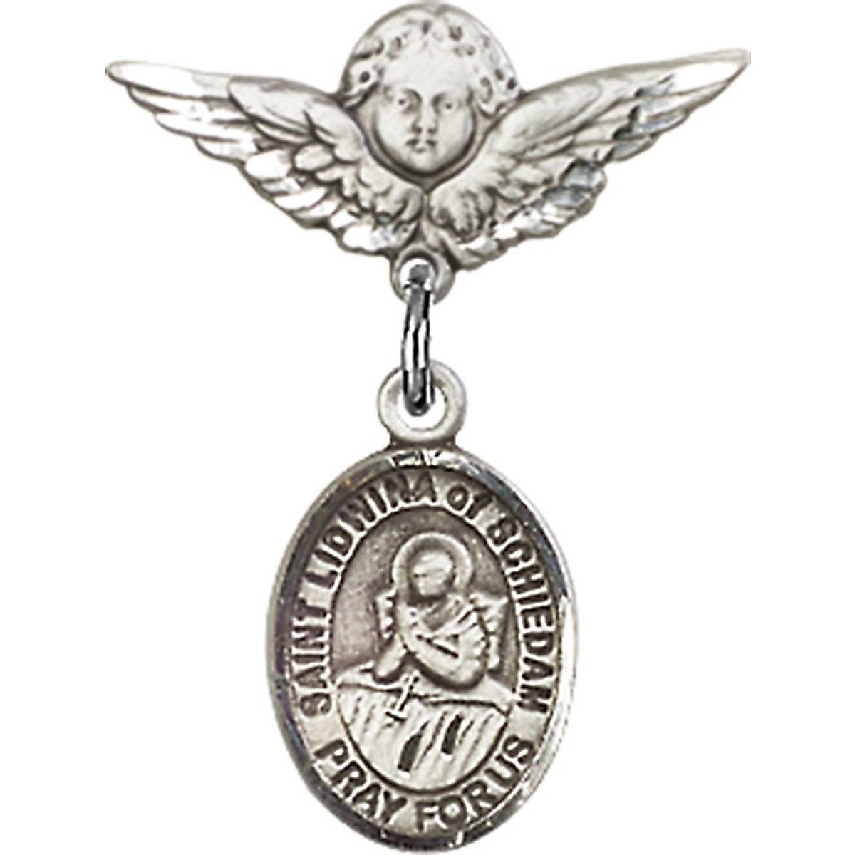 Sterling Silver Baby Badge with St. Lidwina of Schiedam Charm and Angel w/Wings Badge Pin 7/8 X 3/4 inches