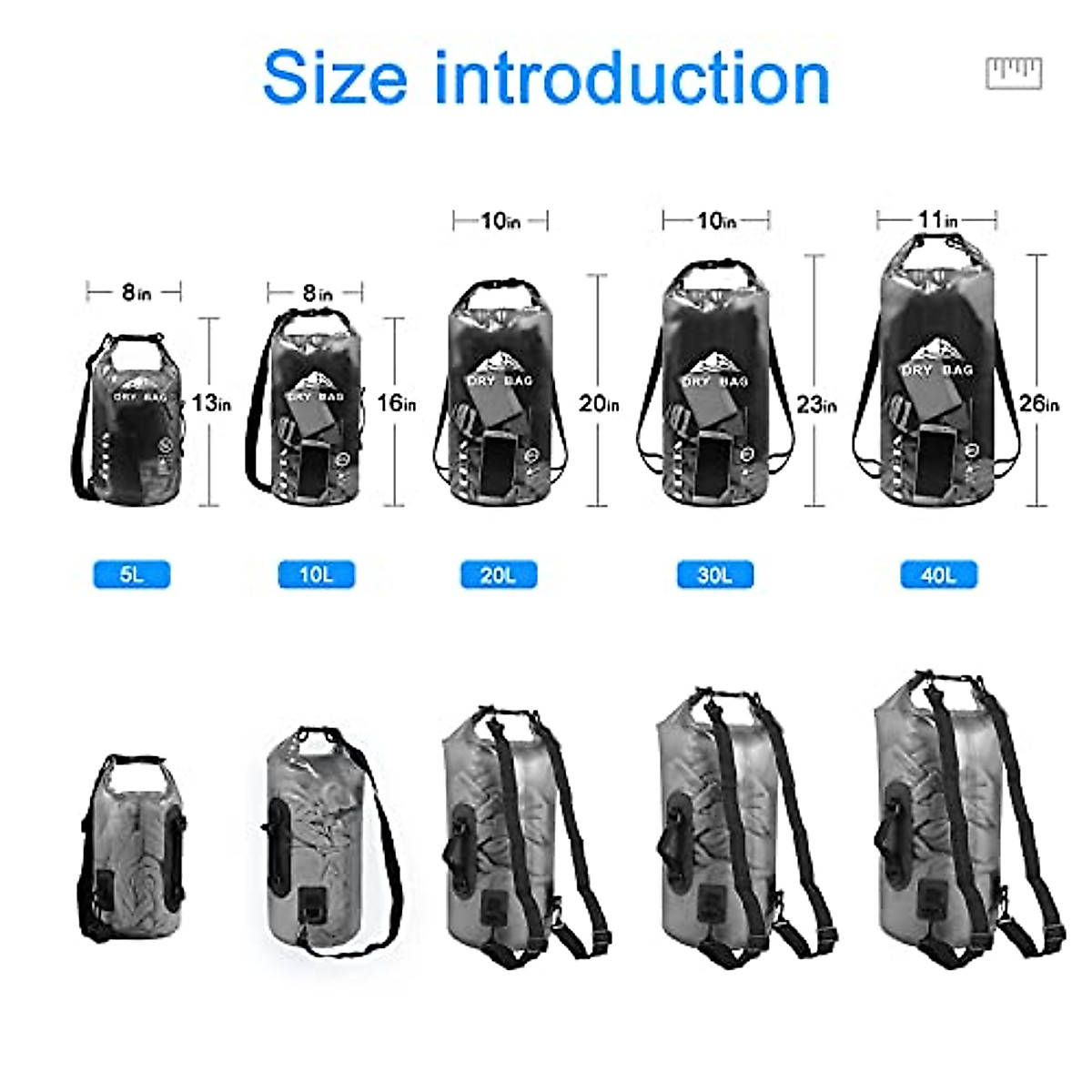 HEETA Waterproof Dry Bag for Women Men, Roll Top Lightweight Dry Storage Bag Backpack with Phone Case for Travel, Swimming, Boating, Kayaking, Camping and Beach, Transparent Black 5L