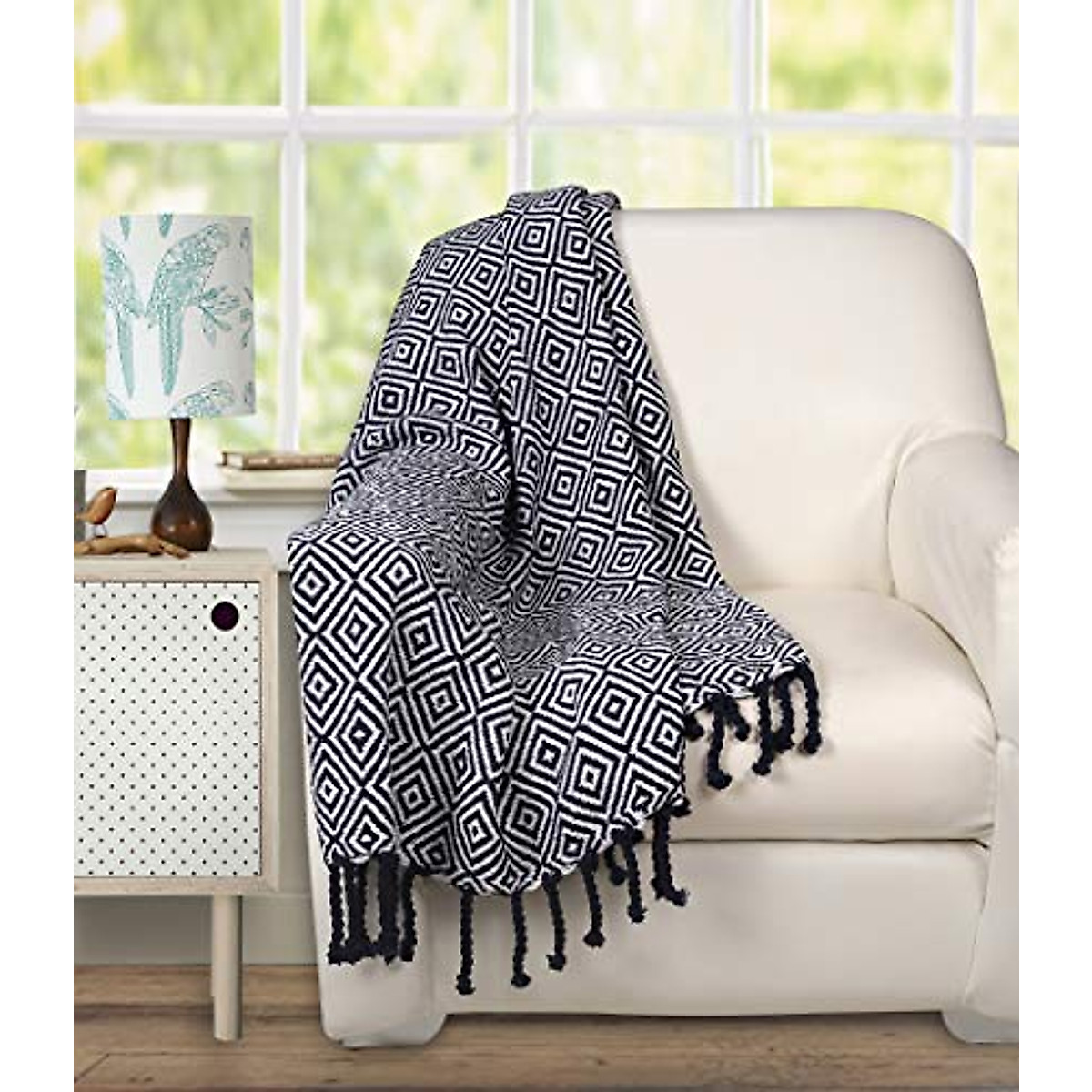 Throw Blanket With Fringes In Diamond Design 50x60 Inch - Navy White Cotton Throw For Sofa, Chair, Bed, & Everyday Use, Well crafted for durability, Farmhouse Throw,All Season Throw Blanket