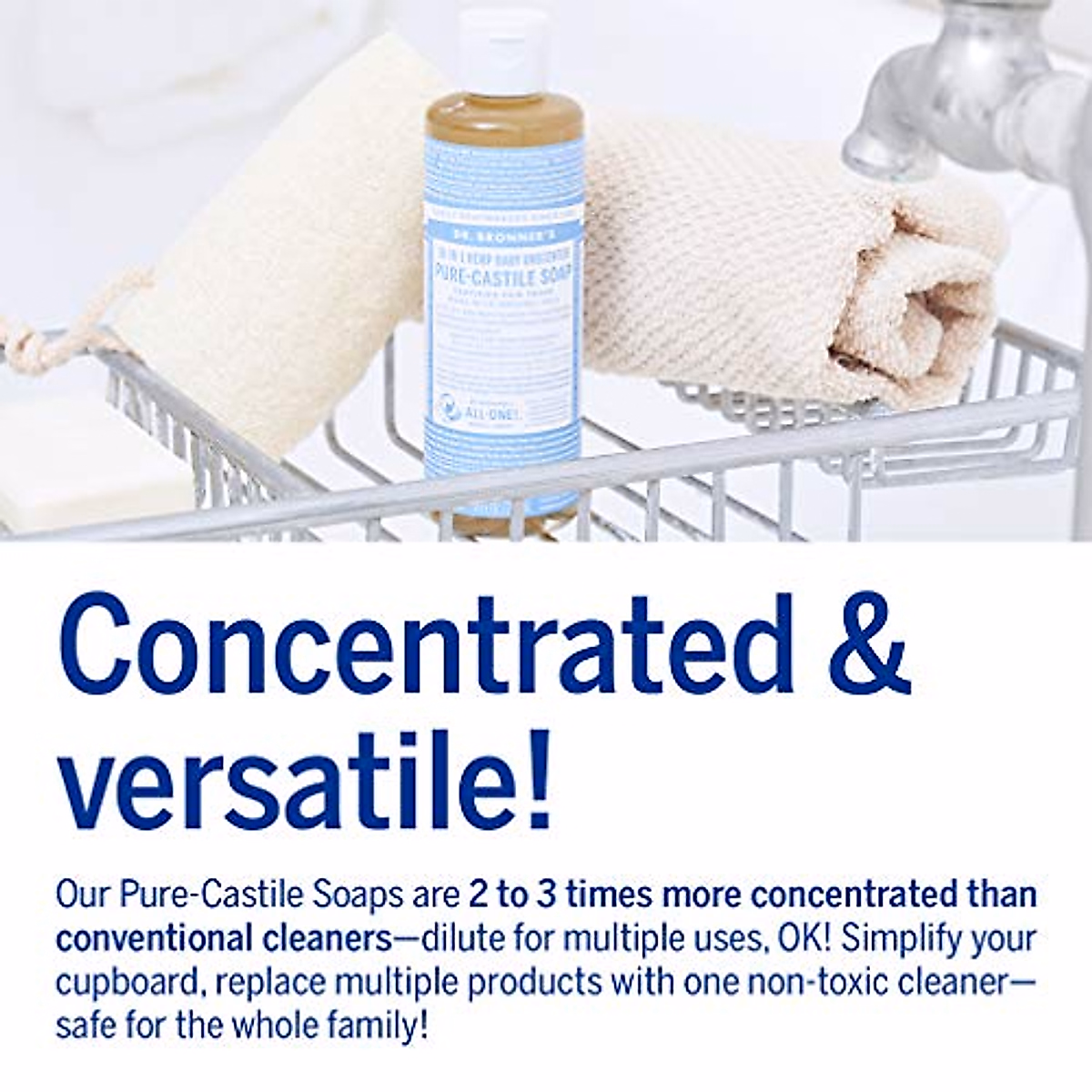 Dr. Bronners - Pure-Castile Liquid Soap (Baby Unscented, 8 Ounce) - Made with Organic Oils, 18-in-1 Uses: Face, Hair, Laundry, Dishes, For Sensitive Skin, Babies, No Added Fragrance, Vegan, Non-GMO