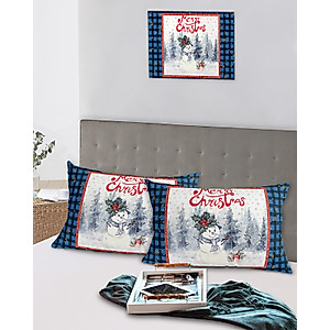 Christmas Plaid Snowman Pillow Covers King Standard Set of 2 20x36 Bed Pillow, Plush Soft Comfort for Hair/ Skin Cooling Pillowcases with Envelop Closure Throw Covers Buffalo Snowflake Snow Tree