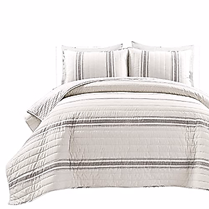 Lush Decor Farmhouse Stripe Reversible Cotton 3 Piece Quilt Set, Full/Queen, Gray