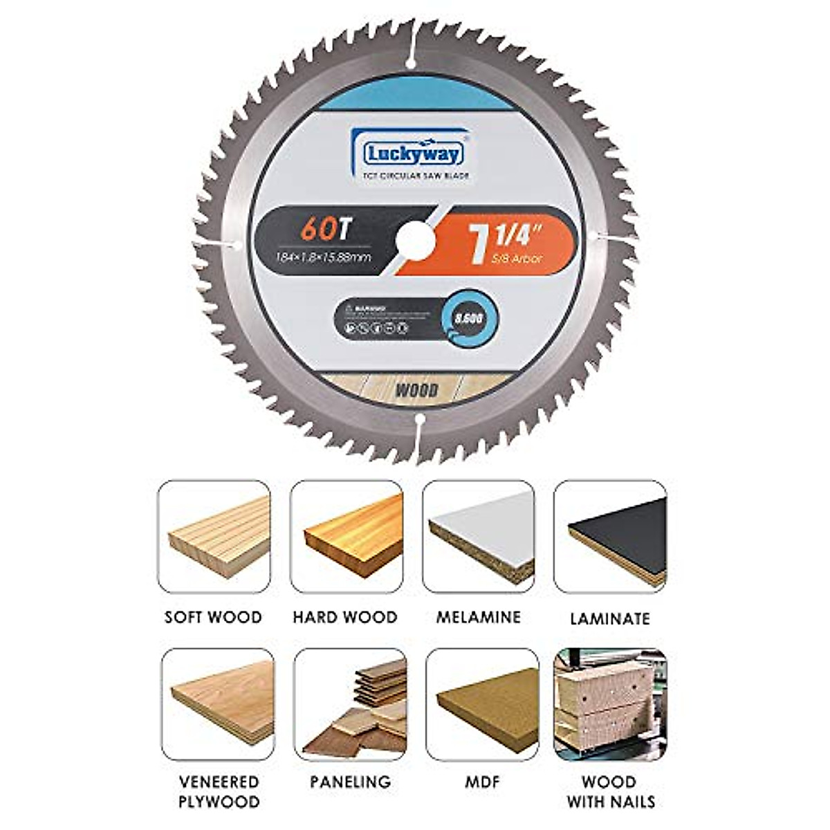 Luckyway 7-1/4 Inch 60T Finish with 5/8 Inch Arbor TCT Circular Saw Blade for Cutting Wood