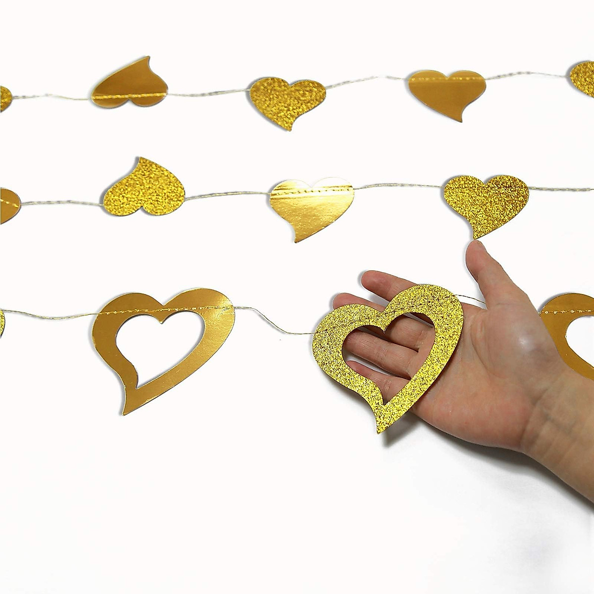 Cheerland 56.4 Ft Glitter Gold Heart Garland Shiny Valentines Day Decoration Mothers Day Banner Backdrop Hanging Decor Engagement Bachelorette Wedding Bridal Shower Streamer Anniversary Party Supplies