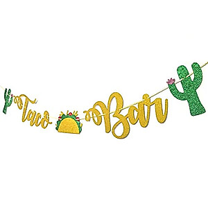 Taco Bar Gold Glitter Banner Sign Garland Pre-strung for Cinco De Mayo Mexican Fiesta Themed Party Taco Bar Decor