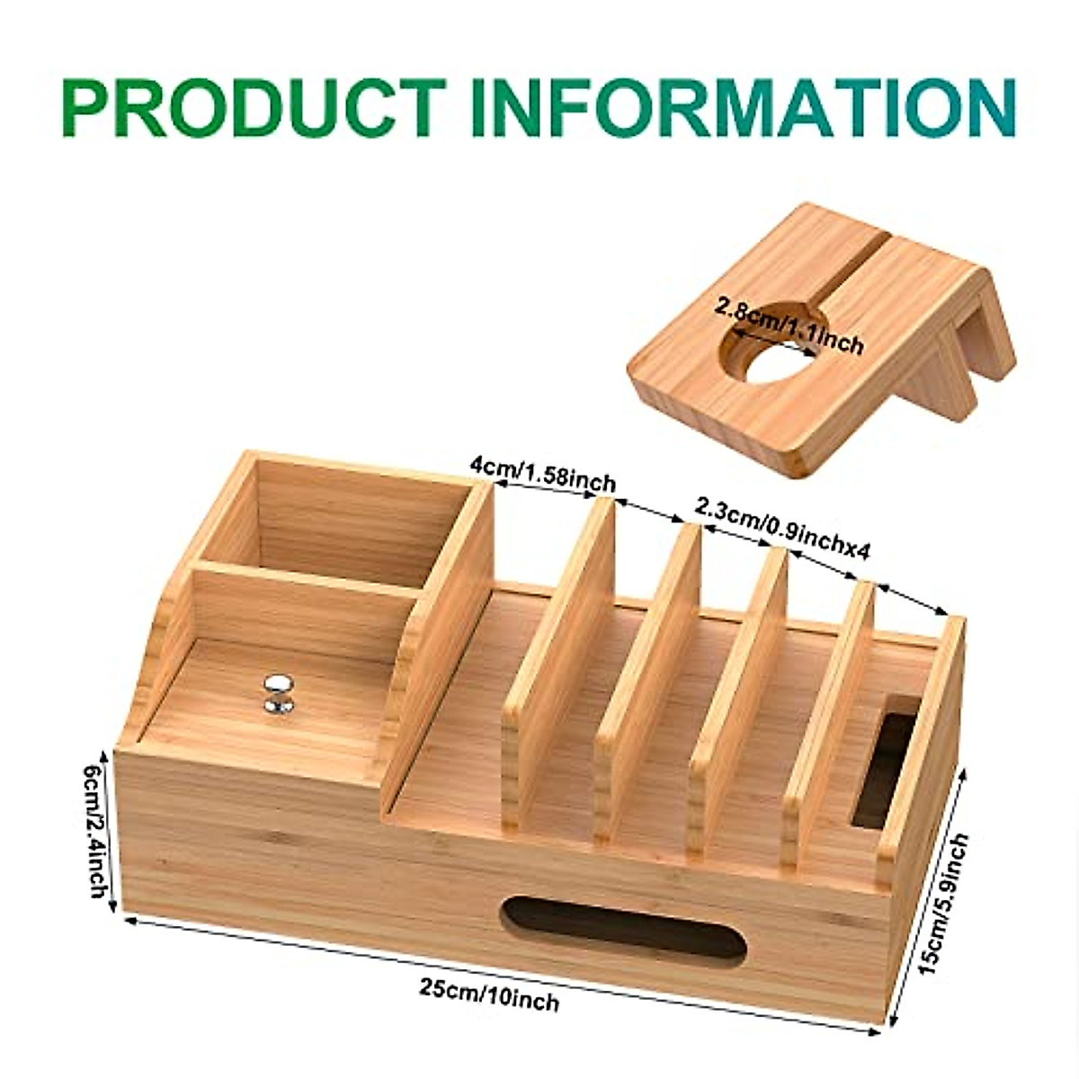 Bamboo Charging Station for Multiple Devices with 5 Port USB Charger, 6 Charger Cables and Smart Watch Stand. Wood Desktop Dock Stations Electronic Organizer for Cell Phone, Tablet, Watch, Office