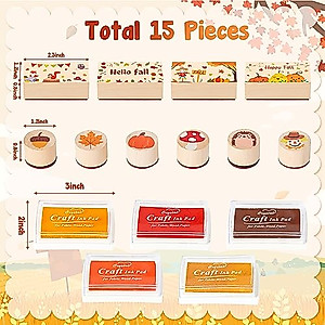 CUweipeng 15Pcs Fall Wooden Rubber Stapms Autumn DIY Craft Card Stamps Pad Pumpkin Rubber Stamps Ink Pads Set for Kids Autumn Party Gift Favor Birthday Gift Classroom Card Scrapbooking Making Supplies
