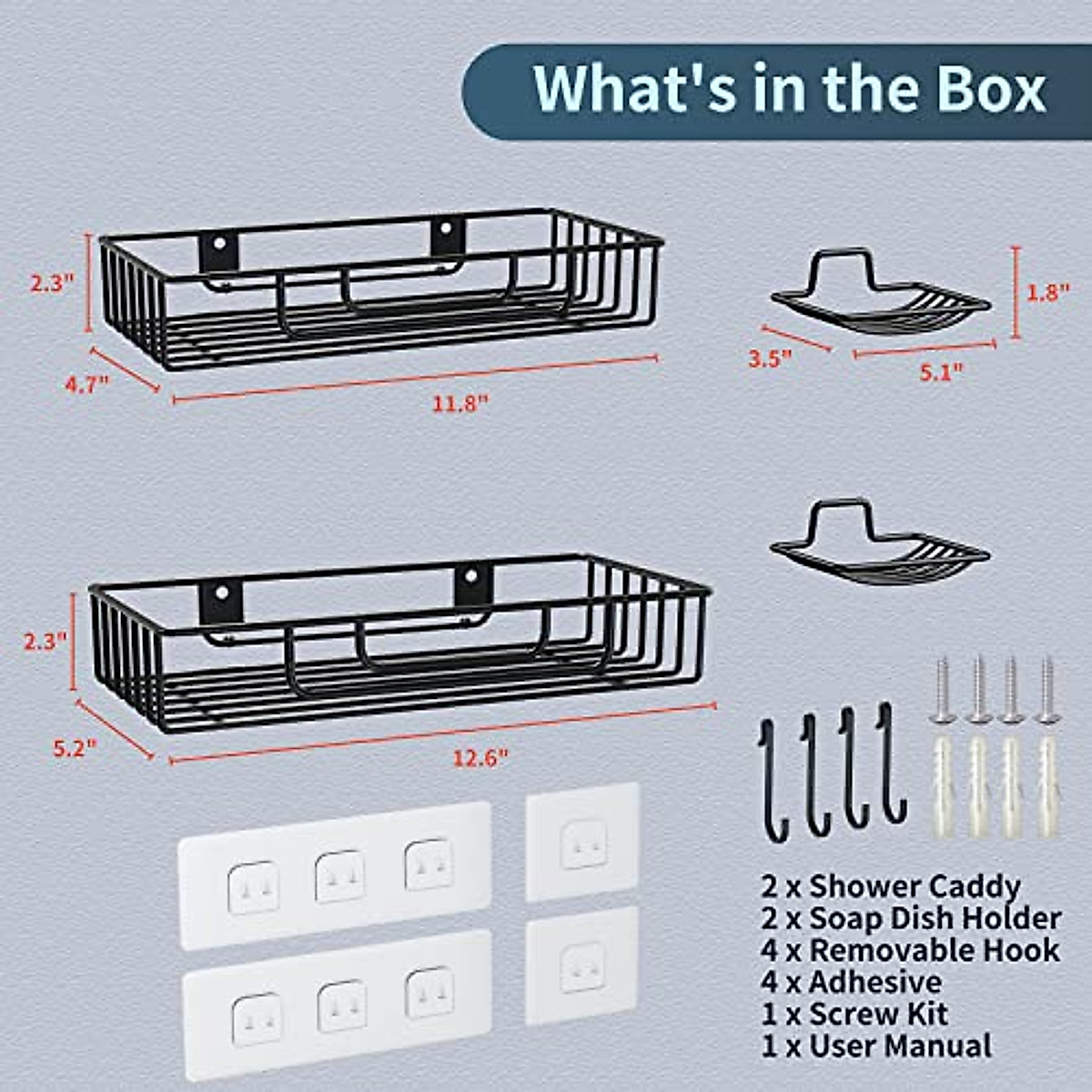 Shower Caddy Organizer Shelf 2 Pack with 2 Soap Holders, Adhesive Wall Mount Shower Basket Shelves with Hooks, No Drilling, Rustproof 304 Stainless Steel Storage Rack for Bathroom Kitchen, Black