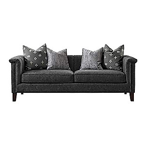 Acanva Luxury Tuxedo Velvet Channel Tufted Key Arm Living Room Sofa, 86”W Couch, Grey
