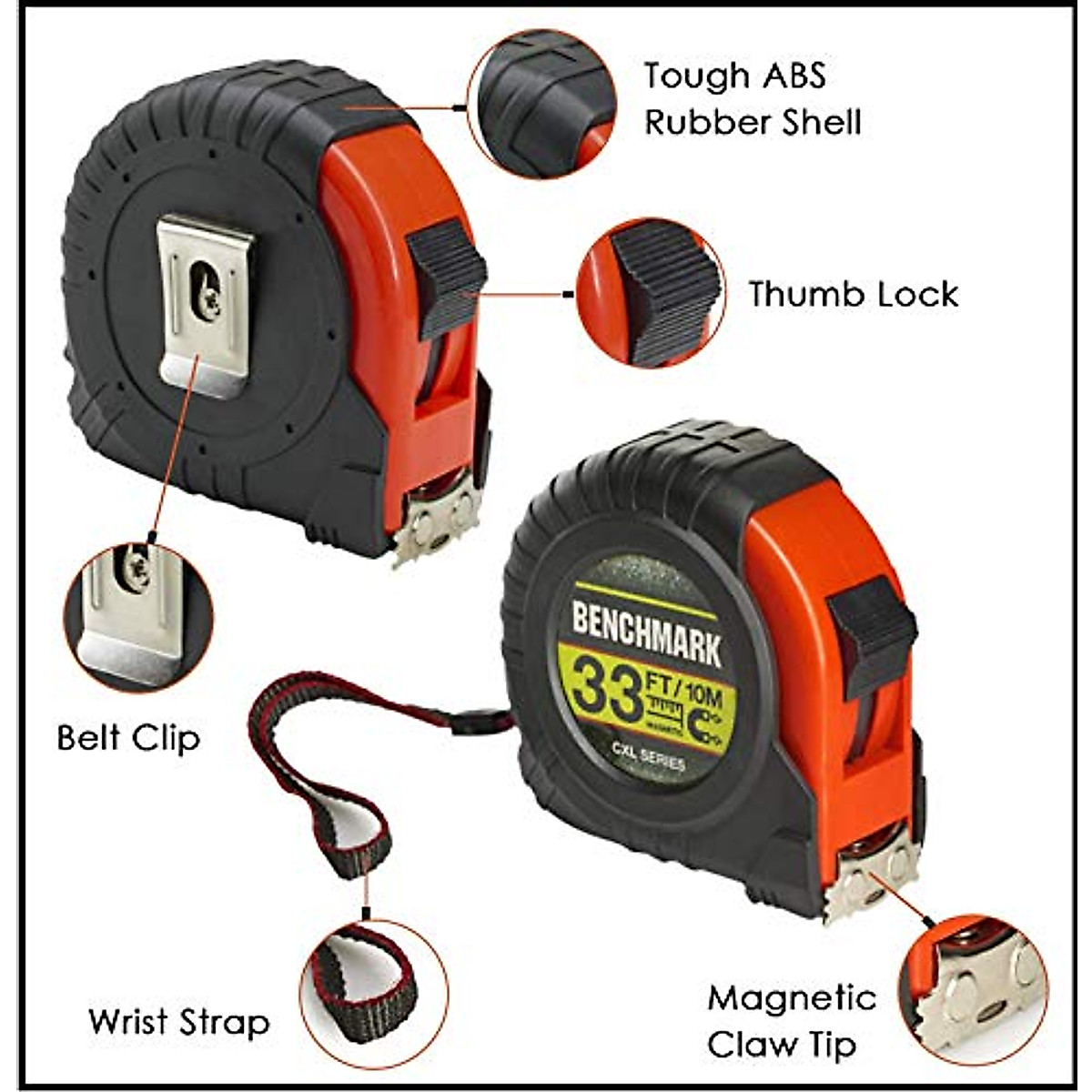 3 PACK - 33 Foot Tape Measure - Benchmark CXL Series - Measuring Tape/Tape Measures with Large Magnetic Claw Tip - Bulk Pack