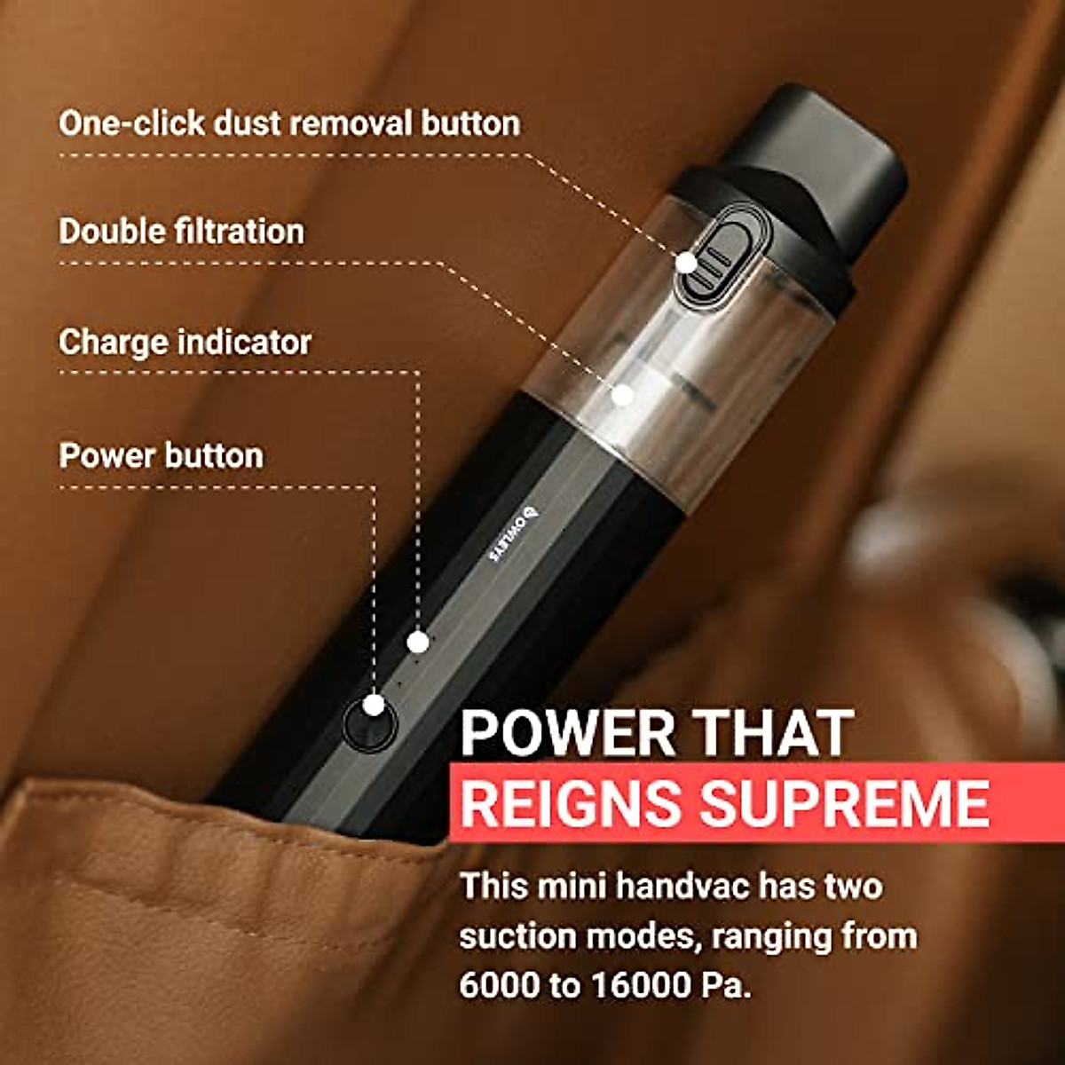 Owleys Cordless Car Vacuum Cleaner - 16000PA Powerful Suction - Rechargeable Vacuum Cleaner for Car - Handheld Vacuum Cleaner for a Vehicle - Portable High Power Vacuum for Home, Car