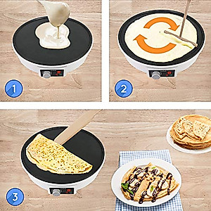12" Electric Crepe Maker by StarBlue with FREE Recipes e-book and Wooden Spatula - Perfect for Crepes, Roti, Tortillas, Blintzes, Pancakes, Waffles, Eggs, Bacon AC 120V 50/60Hz 1000W