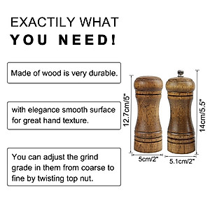 uxcell Pepper Grinder and Salt Shaker Set 5.5 Inch Wooden Pepper Mills Shaker with Adjustable Coarseness for Seasoning Meal Prep Cooking Dining