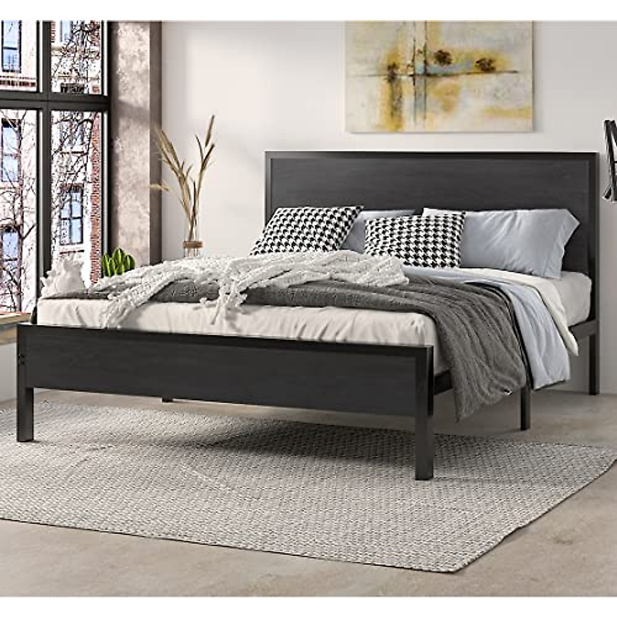 SHA CERLIN Full Bed Frame with Headboard, Heavy Duty Platform Bed with Under-Bed Storage, Solid Wood Slats & Metal Construction, No Box Spring Needed, Easy Assembly, Black Oak