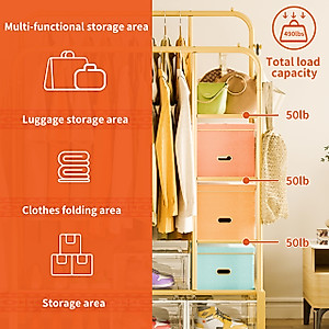 JOISCOPE 47'' * 65'' Heavy Duty Clothes Rack, Double Rods Clothing Racks for Hanging Clothes, Garment Rack with 4 Tier Closet Shelves & 4 Hooks for Clothing Storage, Metal Gold Clothing Rack