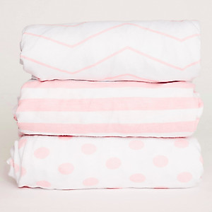 NODNAL CO. 3 Fitted Pink Mini Crib Pack n Play Playard Portable Crib Sheets Set - 100% Oeko-TEX Cotton Baby Girl Nursery Bedding - Chevron, Polka Dot, & Stripe Travel Pack and Play Playpen Sheet