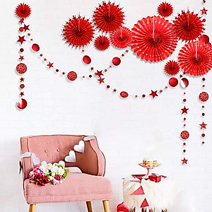 Red Party Decorations Chinese New Year Tissue Pompom Paper Fan Decor Birthday Party Garland Glitter Circle Dots Garland Steamer Banner Backdrop for Girls Wedding Valentines Day