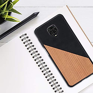 kwmobile Case Compatible with Xiaomi Redmi Note 9S / 9 Pro / 9 Pro Max - Hard Cover with TPU Bumper and PU Leather/Wood Design - Two-Tone Wood Black/Brown