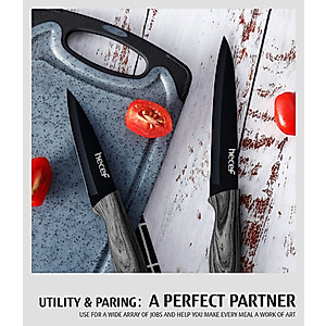 hecef 5 PCS Non-stick Coated Kitchen Knife Set with PP Handle and Protective Sheath, Exclusive Black Chef knife set, Scratch Resistance & Rust Proof (Wood Grain)