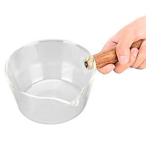 Glass Milk Pot with Wooden Handle, Small Saucepan with V Shaped Spout, Exquisite Workmanship Milk Boiling Pot Multifunction Cooking Utensil for Hot Milk, Salads, Noodles (Small)