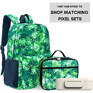 Fenrici Lunch Box for Boys, Kids, Boy's Lunch Box for School, Insulated Lunch Bag for Preschool, K-6, Soft Sided Compartments, Spacious, BPA Free, Food Safe,10.8in x 8.5in x 2.8in, Green Pixel