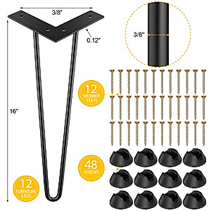 12 Pack Hairpin Legs 16 Inch Metal Table Legs Heavy Duty Desk Legs Furniture Legs Coffee Table Legs for Cabinet, Wardrobe, Side Table, Drawers, Nightstand, Bench with Floor Protectors and Screws
