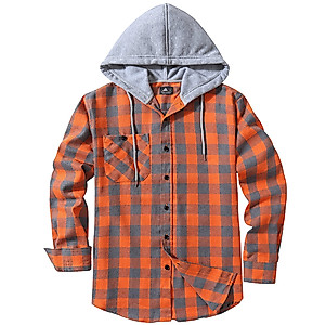 SCODI Mens Flannel Hoodie Shirt Casual Button Down Plaid Jacket Shirts Stylish Long Sleeve Shirts with Pocket Orange X-Large