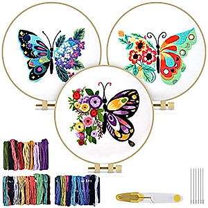Butterfly Flower Embroidery Stitch Practice kit, 3 Sets Beginners Embroidery Kit for Beginners Include Embroidery Cloth Hoops Threads for Craft Lover Hand Stitch with Embroidery Skill Techniques