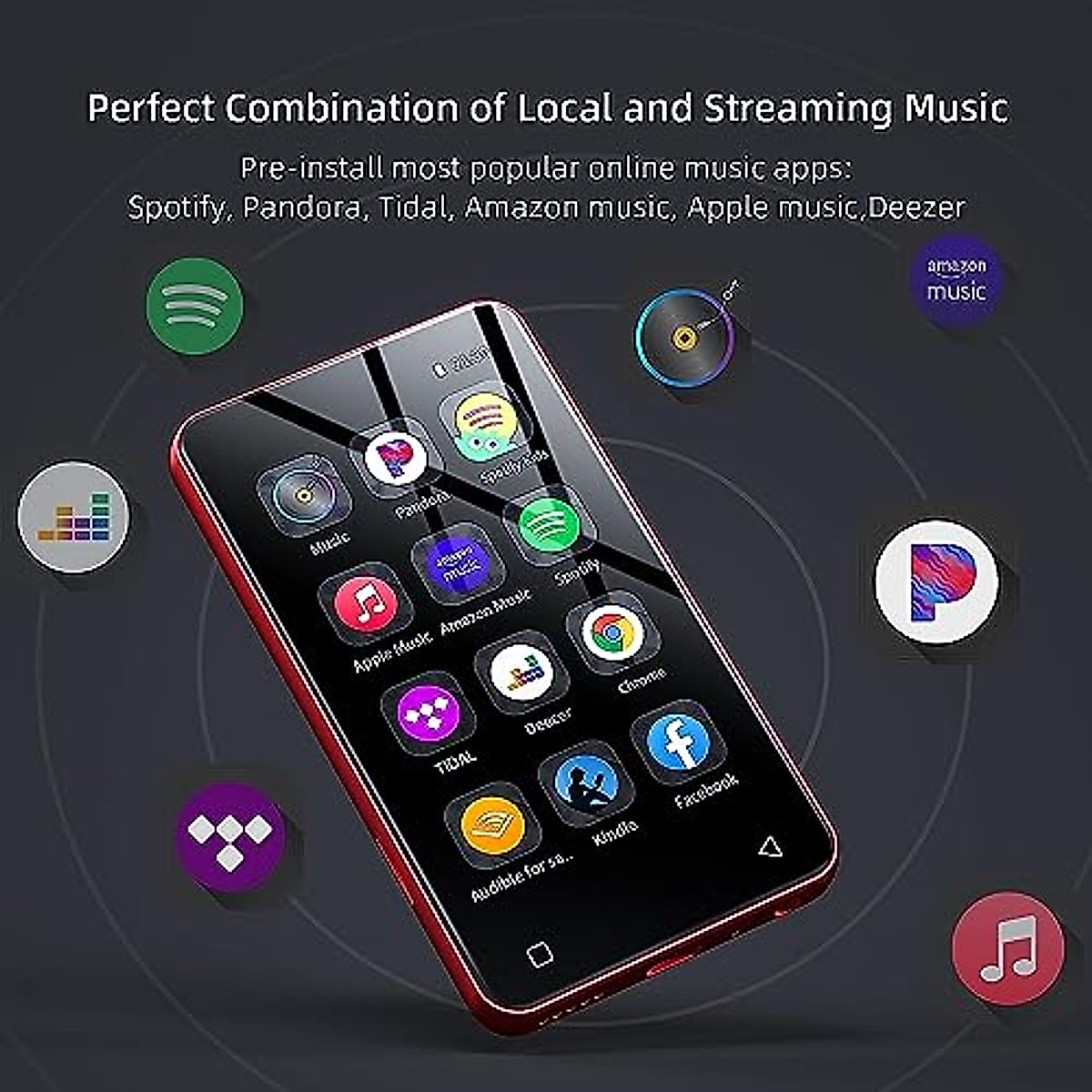 innioasis 16GB MP3 Player with Bluetooth and WiFi, Spotify, Pandora, Amazon Music, Audible, 4" Touch Screen Android Streaming MP3 MP4 Player (Red_Black)