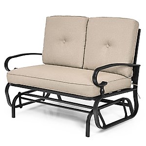 HAPPYGRILL Outdoor Swing Glider Bench Patio Loveseat Glider with Comfortable Cushions, 2 Persons Rocking Glider Chair for Porch Balcony Garden Poolside