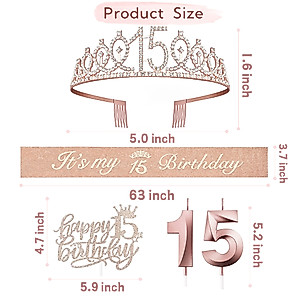 Bella Meri 15th Birthday Gifts for Girls, 15th Birthday Tiara Crown, Sash, Cake Toppers,Birthday Candles, 15 Birthday Decorations Women