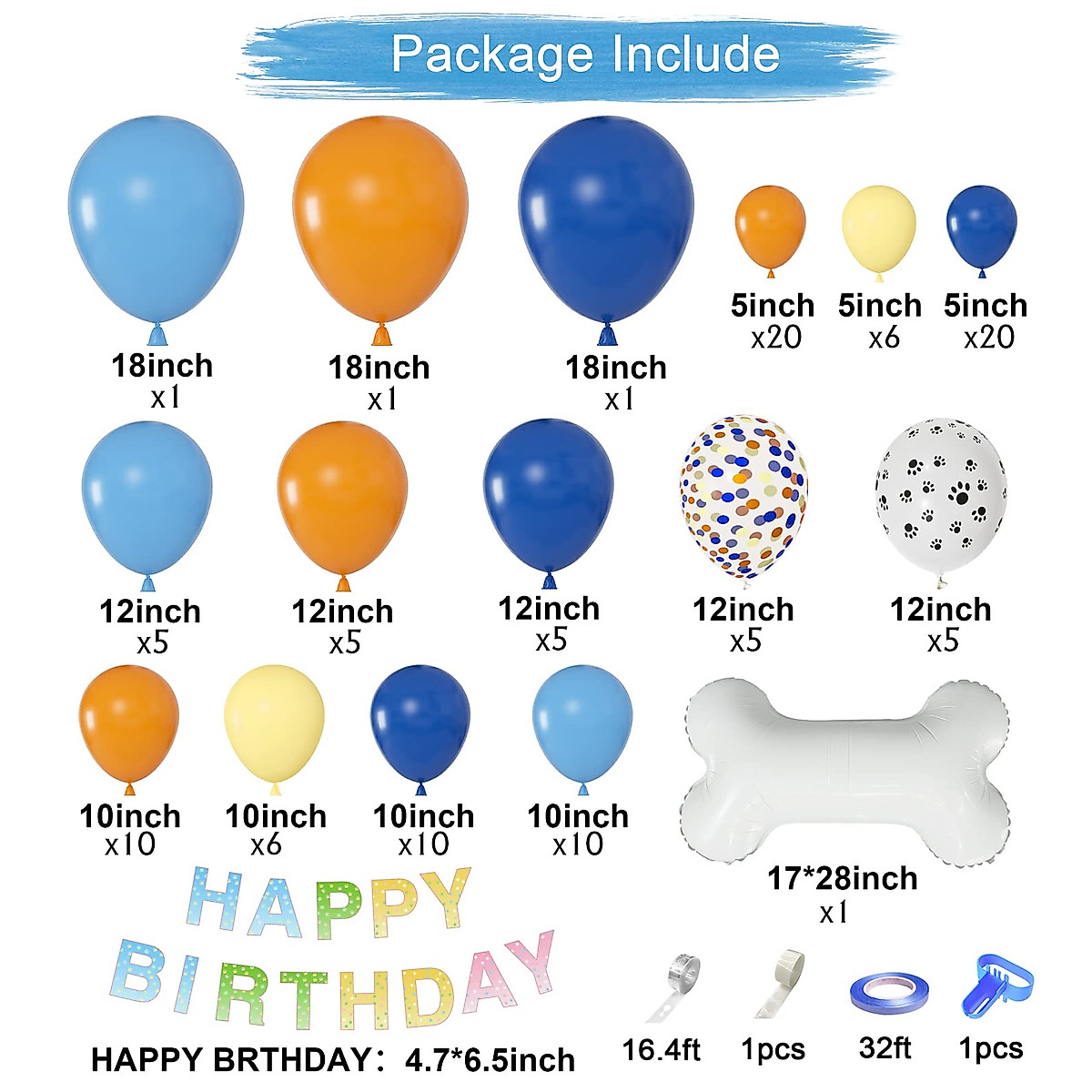 128Pcs Blue Birthday Party Supplies Balloons Garland Kit, Blue Orange Yellow White Bone Dog Paw Balloons Arch Banner for Baby Shower Girls and Boys Blue Theme Happy Birthday Party Decorations
