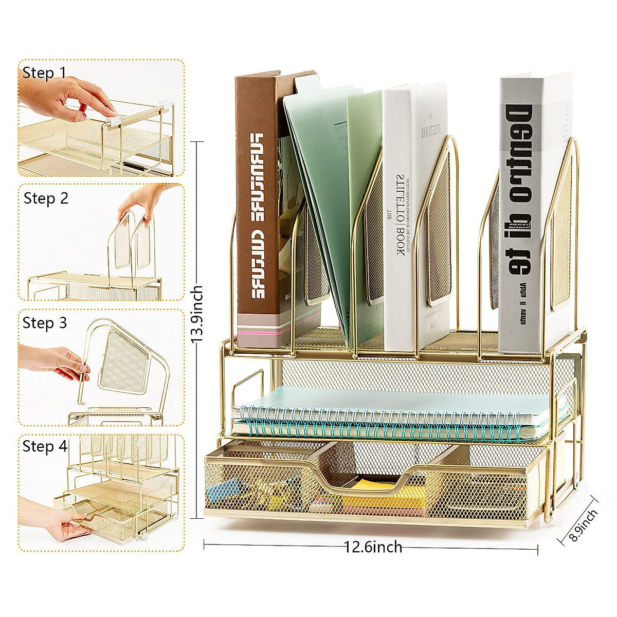 Beiz Gold Desk Organizer and Accessories Storage with 5 Vertical File Folder Holders, 2 Paper Tray, Drawer for Women Office, Home, Dorm, Workspace to Collect Office Supplies