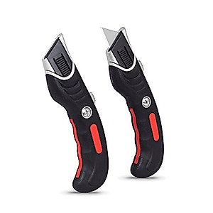 Internet's Best Ergonomic Utility Knife - Set of 2 - Retractable Razor Knife Set - Box Cutter Locking Razor Knife - Storage Pouch Extra Blade Refills - Quick Blade Change - Black