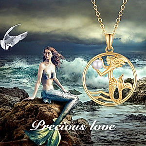 SISGEM Solid 14K Gold Mermaid Necklace Fairytale Mermaid Pendant Necklace for Women Fine Jewelry Gifts for Her, 16''-18''