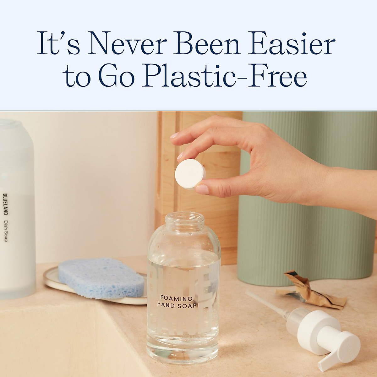 BLUELAND Hand Soap Starter Set - 1 Refillable Glass Foaming Hand Soap Dispenser + 4 Tablets Refills | Iris Agave Scent | Eco Friendly Hand Soap | Makes 4 x 9 Fl oz bottles (36 Fl oz total)