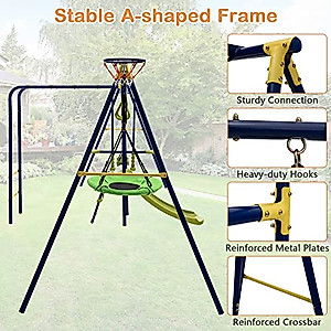 HONEY JOY Swing Sets for Backyard, 660lbs 7-in-1 Heavy Duty Swing Set w/A-Frame Metal Swing Stand, 2 Swings, Glider, Gym Rings, Slide, Monkey Bar,Basketball Hoop, Swingset Outdoor for Kids 3-12