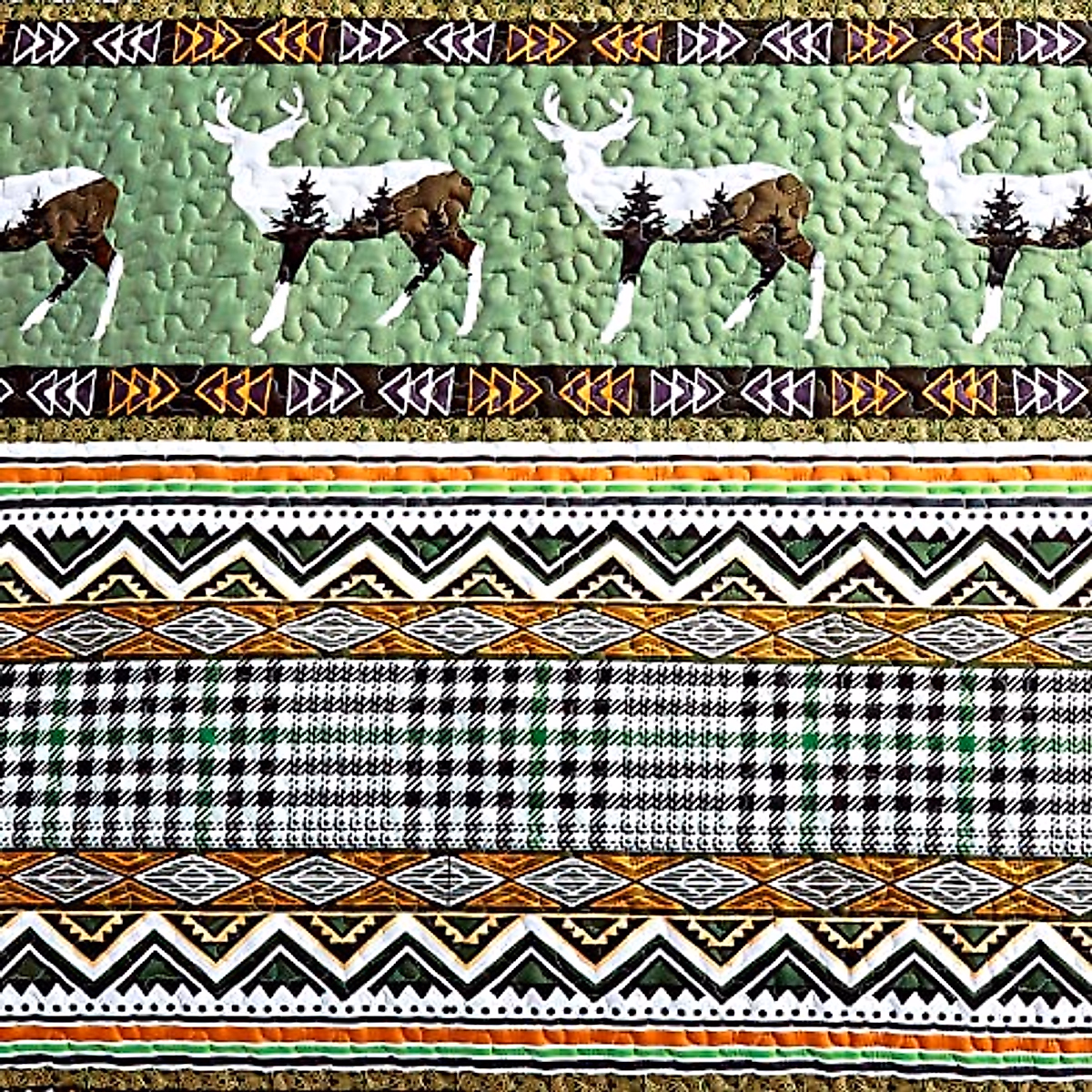 Mocaletto Boho Quilts Queen Size,Reversible Rustic Deer Lodge Cabin Quilt Set,Patchwork Green Bedding Set with Pillow Shams,Bohemian Stripes Bedspread,Lightweight Microfiber Coverlet