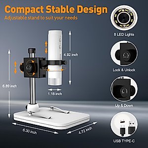 Wireless Digital Microscope Camera, GUVOP 50X-1000X Magnification WiFi Portable Handheld USB Microscopes with 8 LED & Stand,Compatible for iPhone, Android, Electronic Microscope for Kids Adults-White
