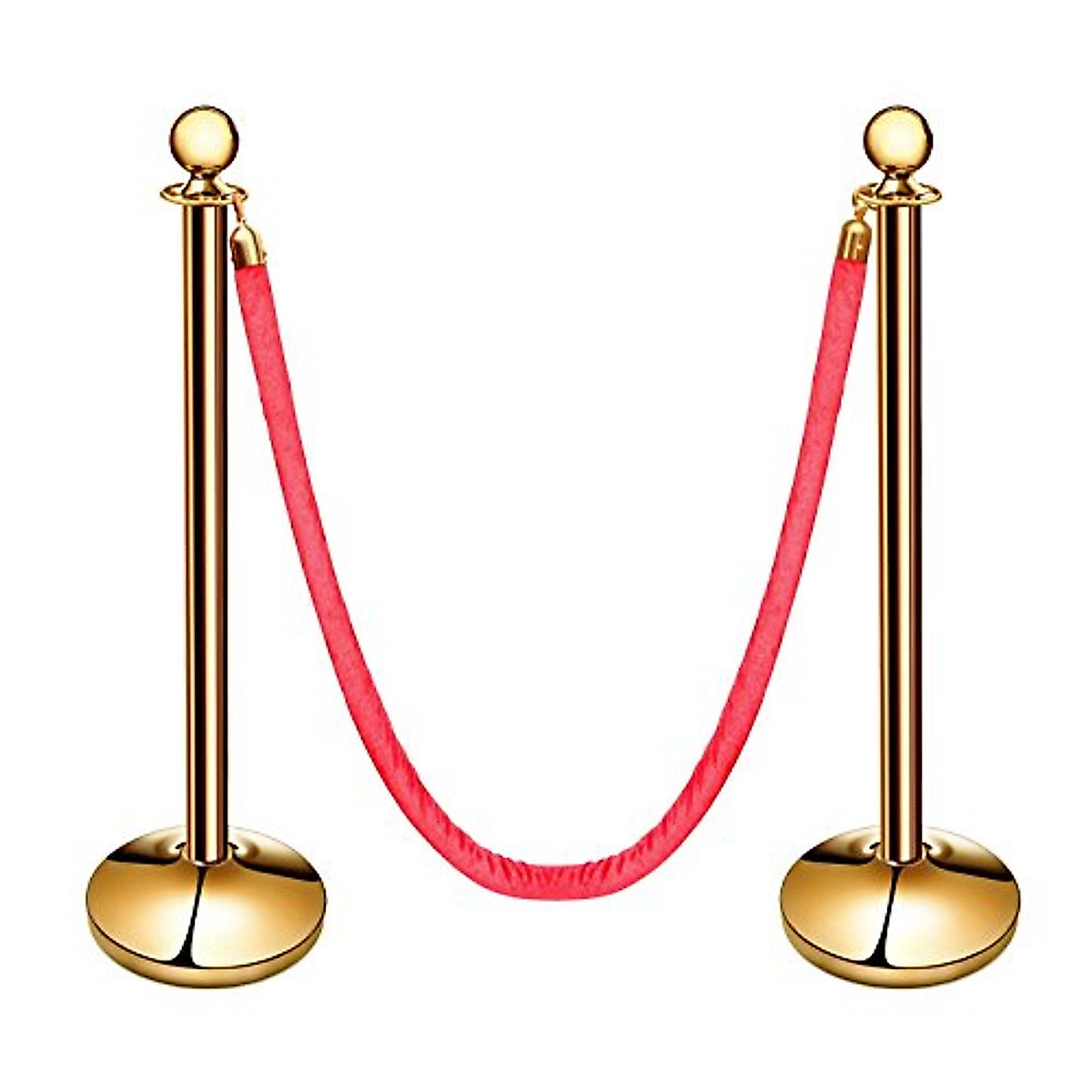 New Star Foodservice 54736 Round Top Brass Plated Stanchions, Set of 2 Posts with 1 of 79.5-Inch Red Velvet Rope