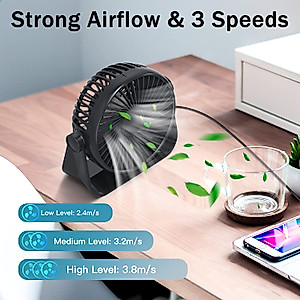 TriPole Small Desk Fan 3 Speeds Strong Airflow USB Fan 360°Rotation Mini Fan Portable Personal Fan, 5-inch Table Fan for Bedroom Office Home Outdoor Camping, 3.6ft Cable, Black