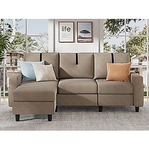 Tornama 80" L Shaped Sectional Sofas, 3 Seater Couch with Reversible Ottoman and Side Storage Pocket, Modern Linen Fabric Small Sectional Couch for Living Room, Apartment, Small Space, Beige