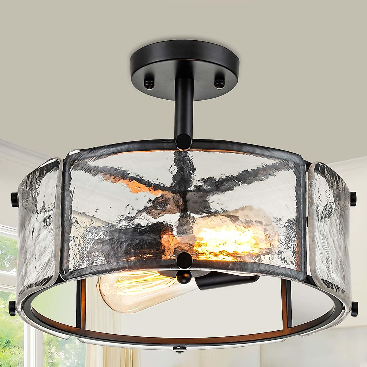 TinHon Black Semi Flush Mount Ceiling Light,12.8" Modern Small Drum Close to Ceiling Light Fixture,Easy to Install 2-Light Lightweight Glass Ceiling Lights for Dining Room,Living Room,Kitchen