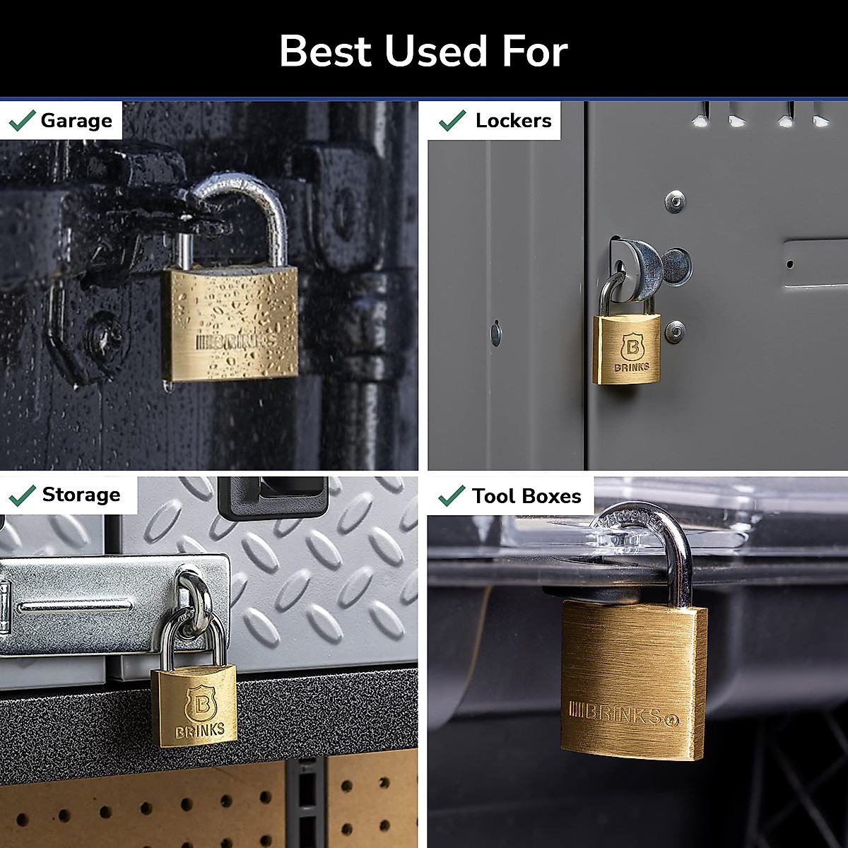 BRINKS - 40mm Solid Brass Keyed Padlock with 7/8” Shackle Clearance, 4-Pack - Chrome Plated with Hardened Steel Shackle, (171-40401)