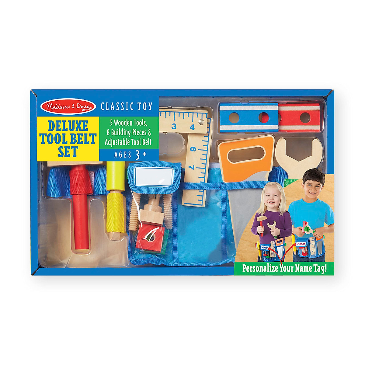 Melissa & Doug Deluxe Tool Belt Set - 5 Wooden Tools, 8 Building Pieces, Adjustable Belt