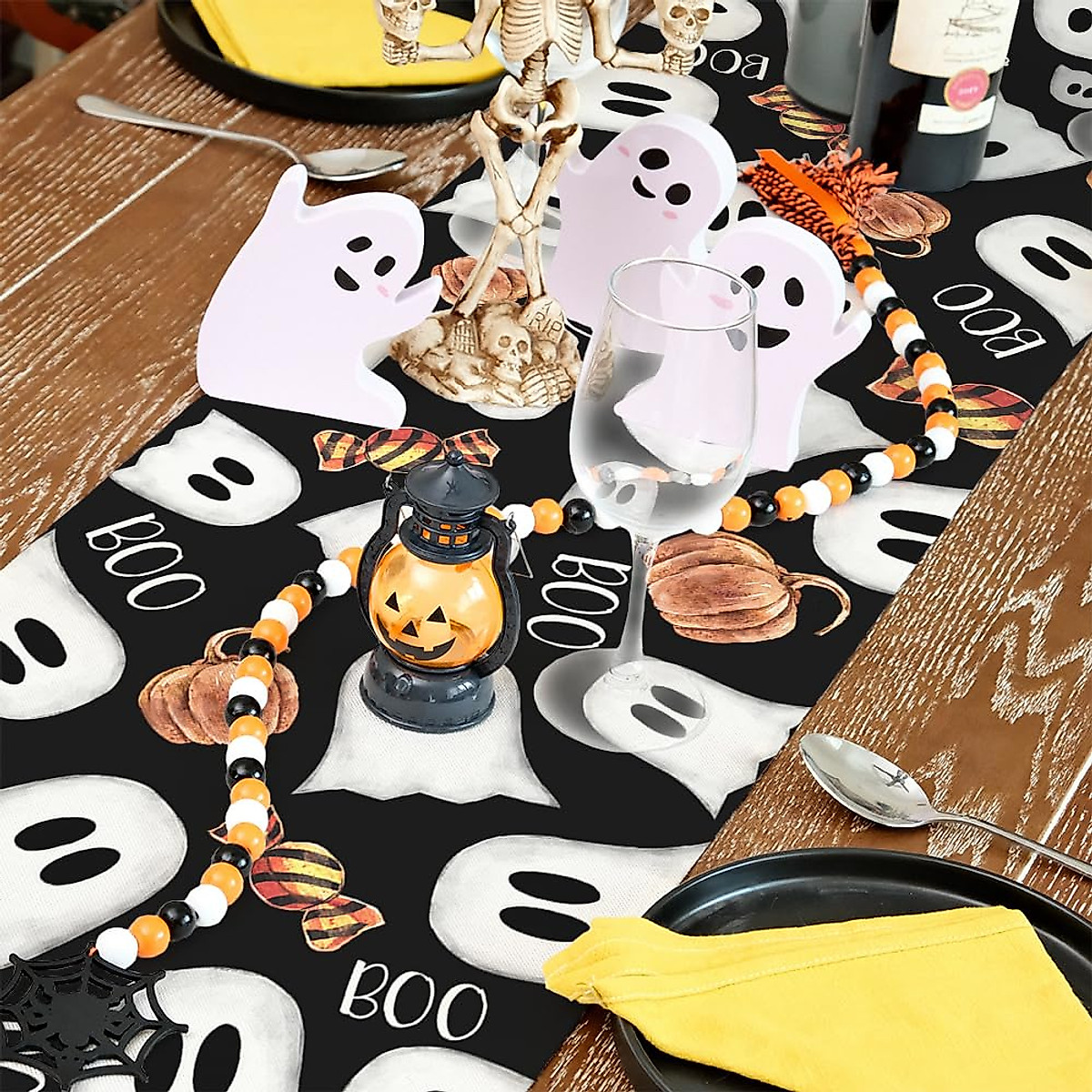 ARKENY Halloween Table Runner 13x72 Inches,Pumpkin Spooky Ghost Candy Boo,Seasonal Burlap Farmhouse Indoor Kitchen Dining Table Decorations for Home Party AT455-72