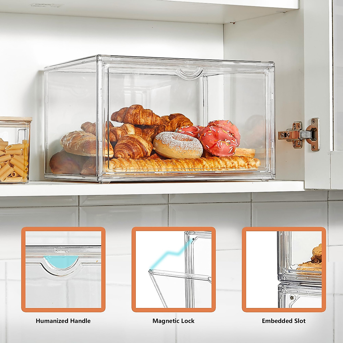 SANKEU 1PCS Large Bread Box for Countertop, Sturdy Stackable Bread Storage Container, Clear Box for Kitchen, Bread Keeper Bread, Bagel, Muffins