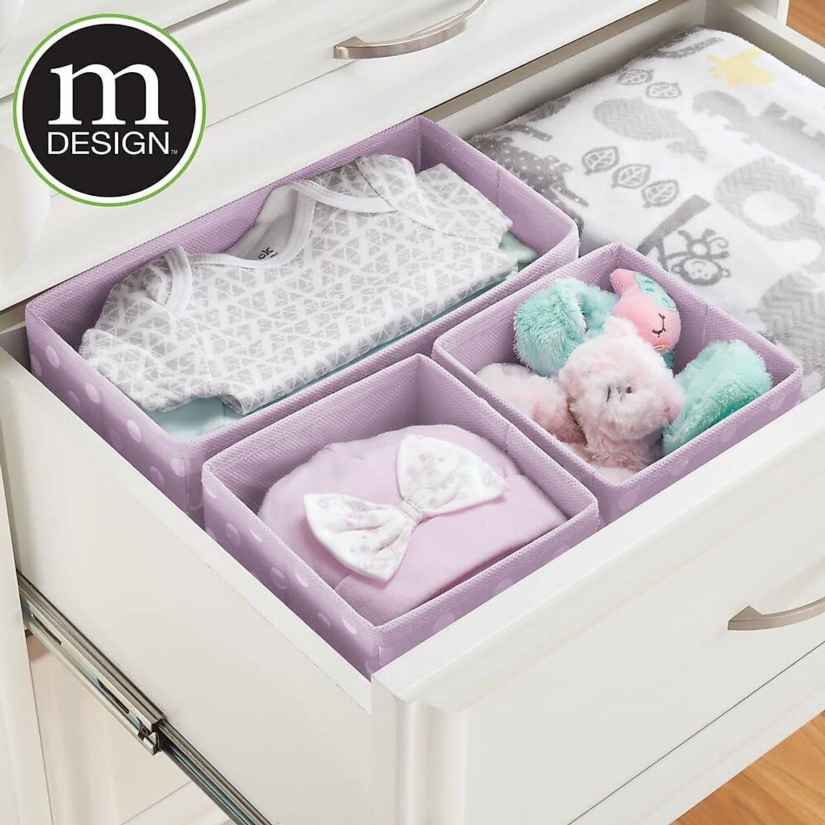 mDesign Soft Fabric Polka Dot Dresser Drawer and Closet Storage Organizer, Bin for Child/Kids Room, Nursery, Playroom, Bedroom, 2 Pack - Light Purple/White